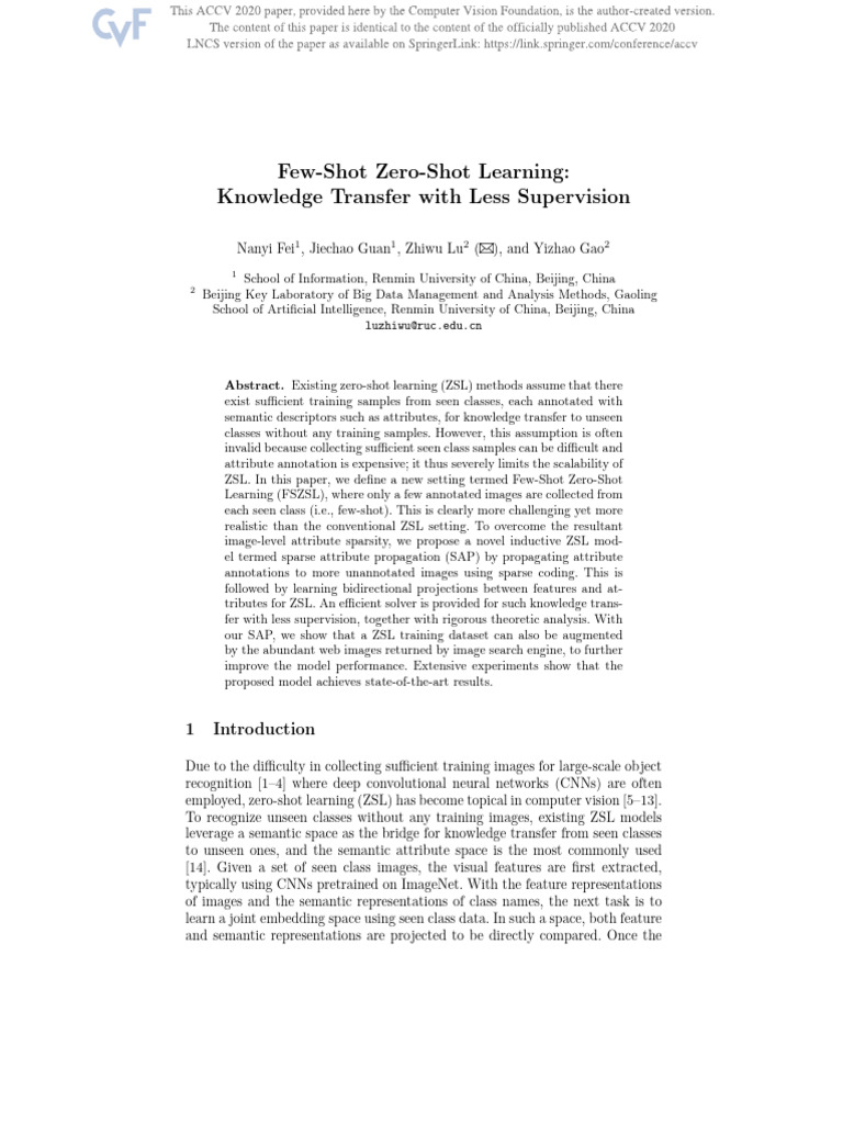 Few-Shot Zero-Shot Learning Knowledge Transfer With Less Supervision ACCV 2020 Paper | PDF ...