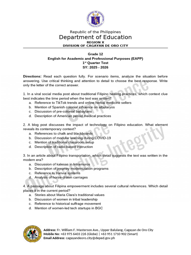 Grade 12 Eapp Q1 Test Questionnaire | PDF | Critical Thinking | Philippines