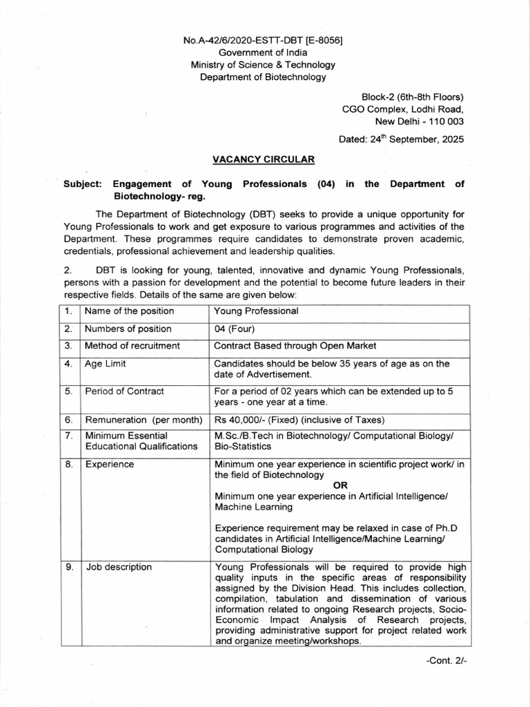 Vacancy Circular For Engagement of 04 YPs - 2025 | PDF