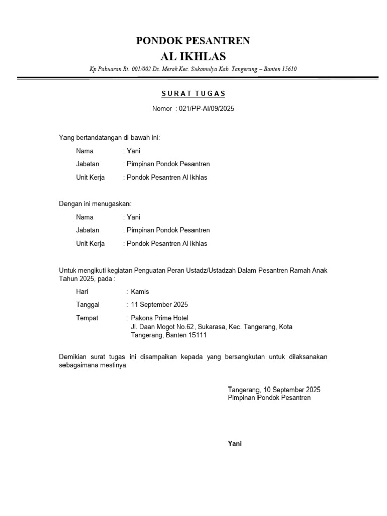 Surat Tugas Al Ikhlas Ramah Anak | PDF