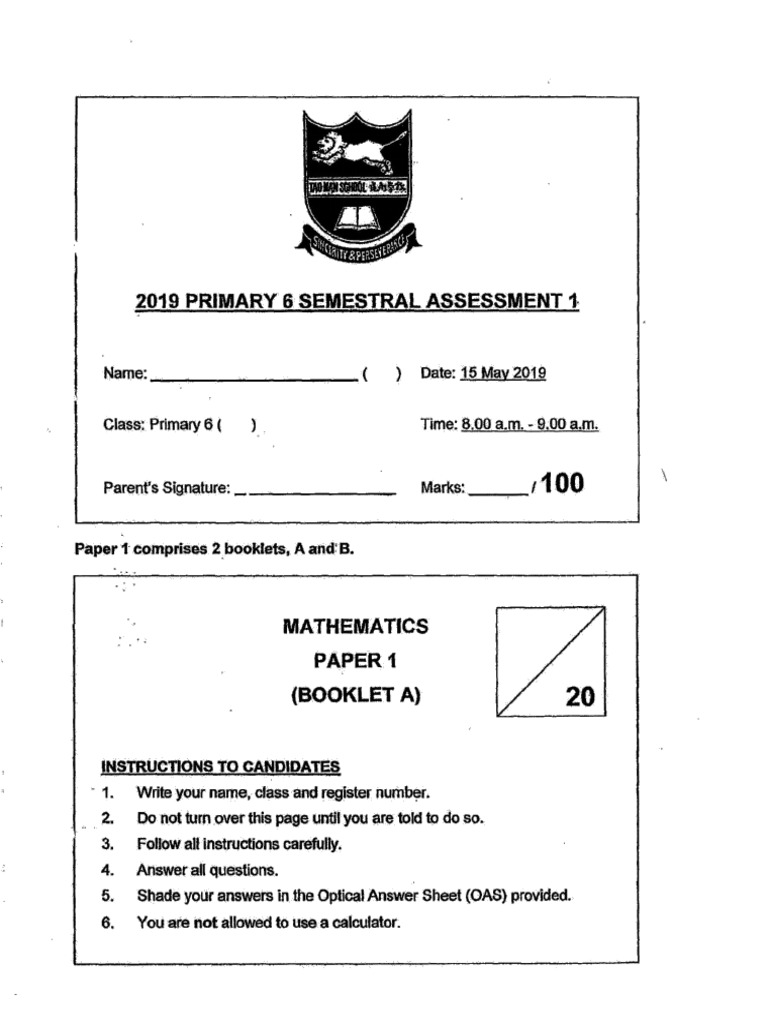 PDF P6 Maths SA1 2019 Tao Nan Exam Papers | PDF