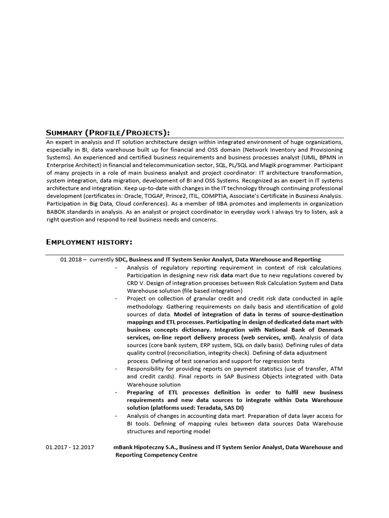 IT System Analyst Resume Sample | PDF | Data Warehouse | Web Service