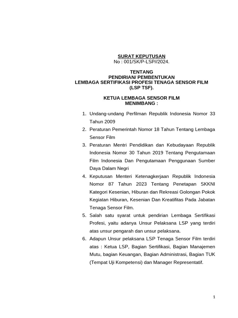 SK PEMBENTUKAN - LSP TSF. 2024 - Ok | PDF
