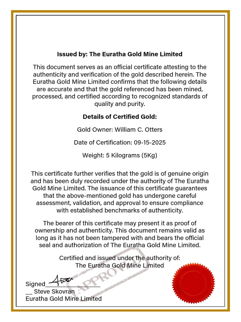 Gold Authenticity Certificate - Euratha Mine | PDF