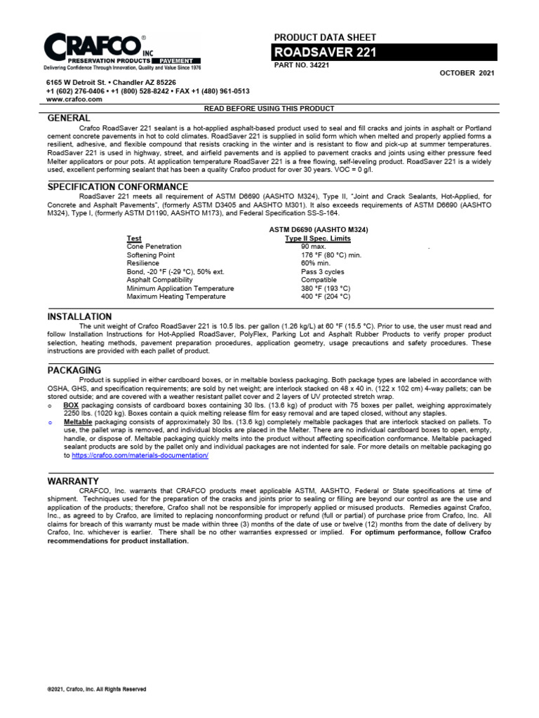 Crafco RoadSaver 221 Product Data Sheet October 2021 | PDF | Road ...