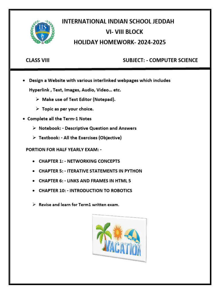 8 Computer Science-Holiday Homework-Class Viii | PDF