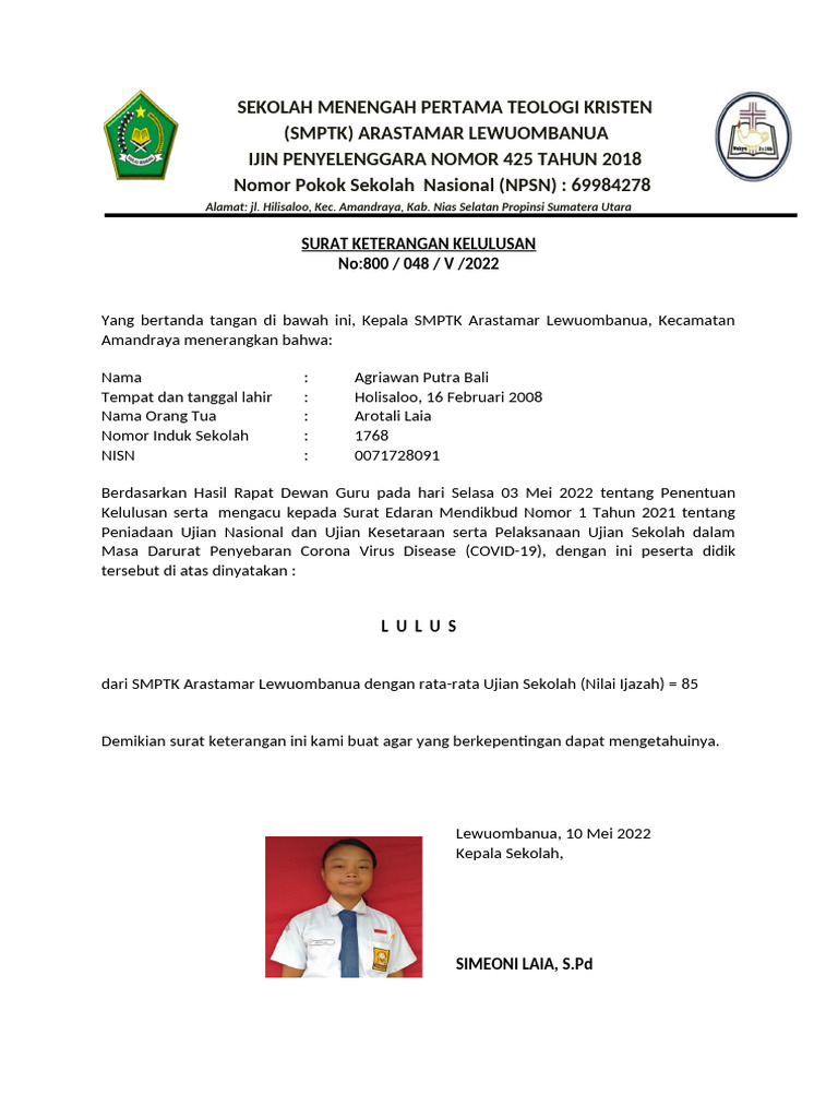 Surat Keterangan Kelulusan SMPTK 2022 | PDF