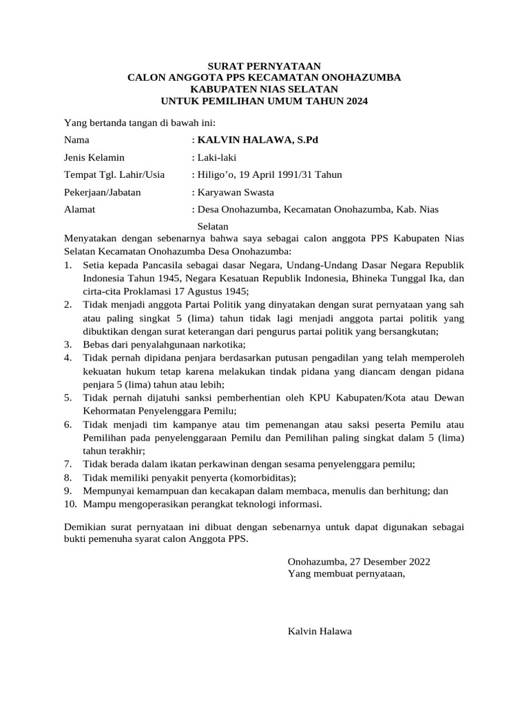 Surat Pernyataan Calon Anggota PPS 2024 | PDF