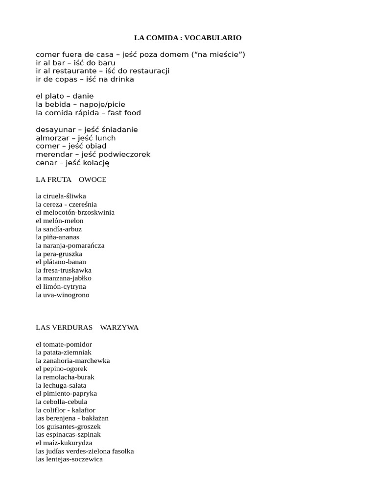 Comida - Vocabulario | PDF