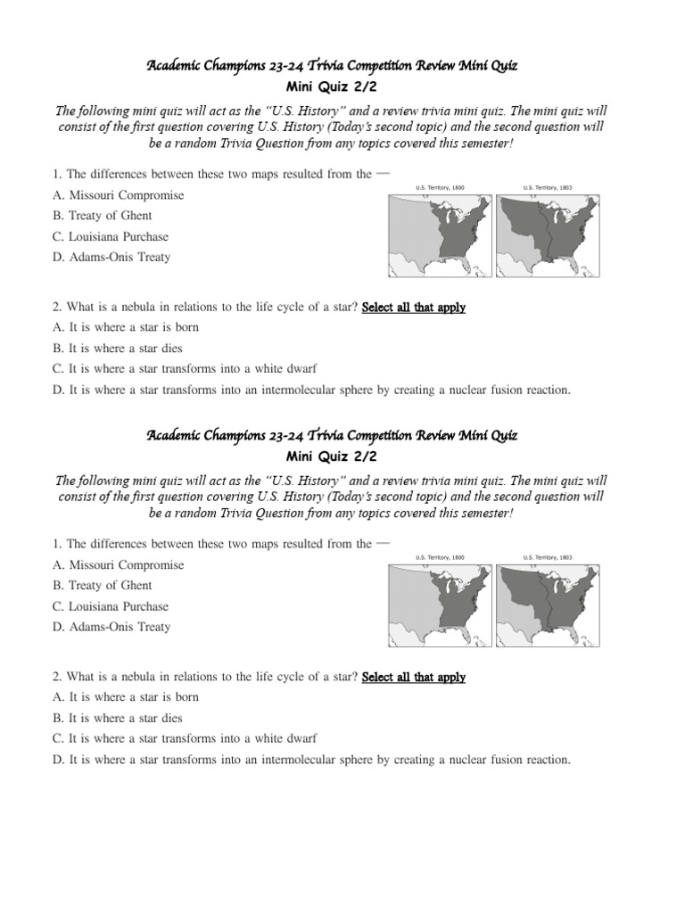 Academic Champions Competition Review Mini Quiz | PDF | Stars ...