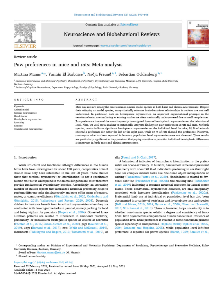 Paw Preferences in Rodents: Meta-Analysis | PDF | Lateralization Of ...