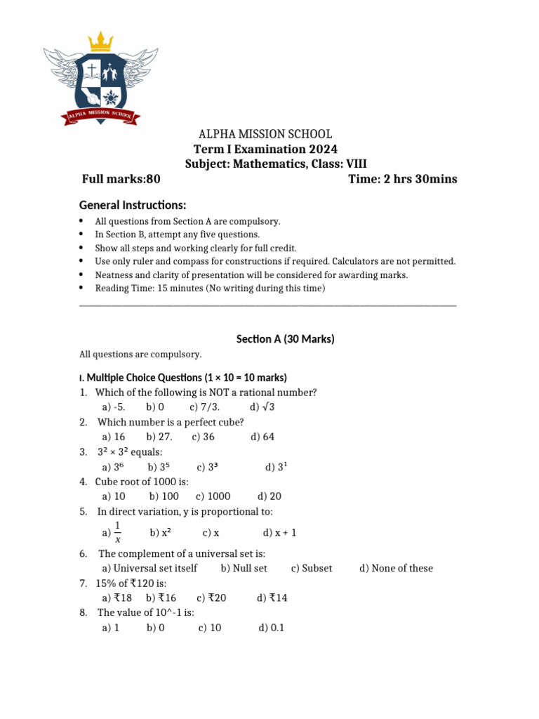 ICSE Class 8 Math Half Yearly Exam 2024 | PDF | Numbers | Square Root