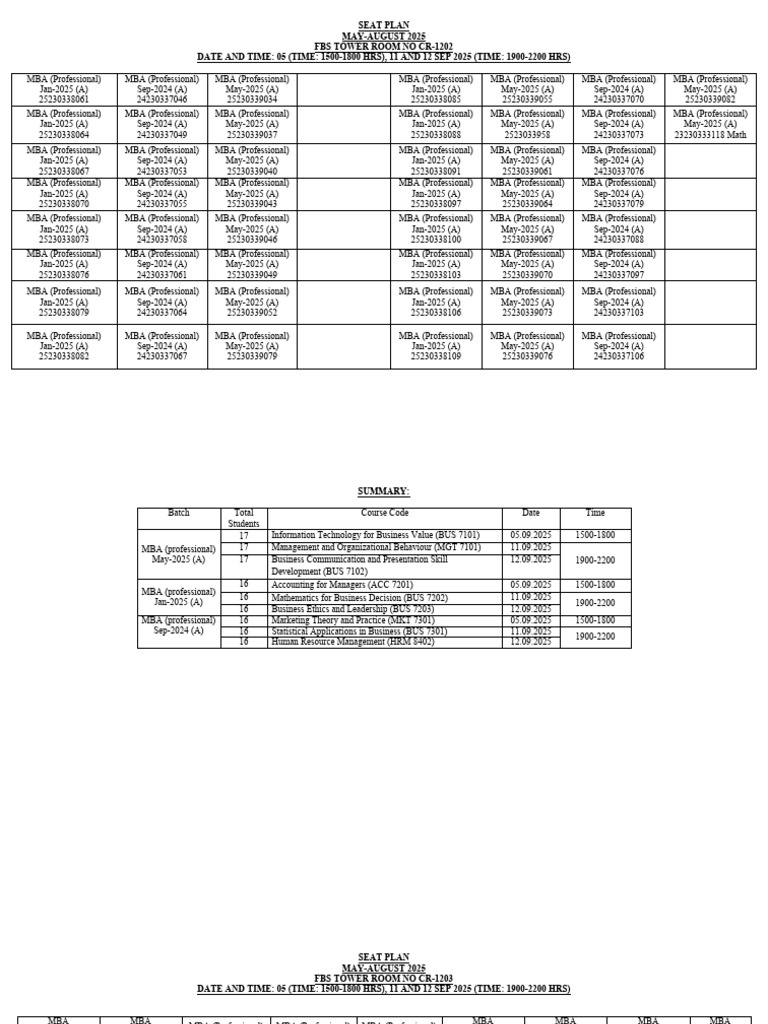 MBA Seat Plan May-Aug 2025 Schedule | PDF | Human Resource Management ...