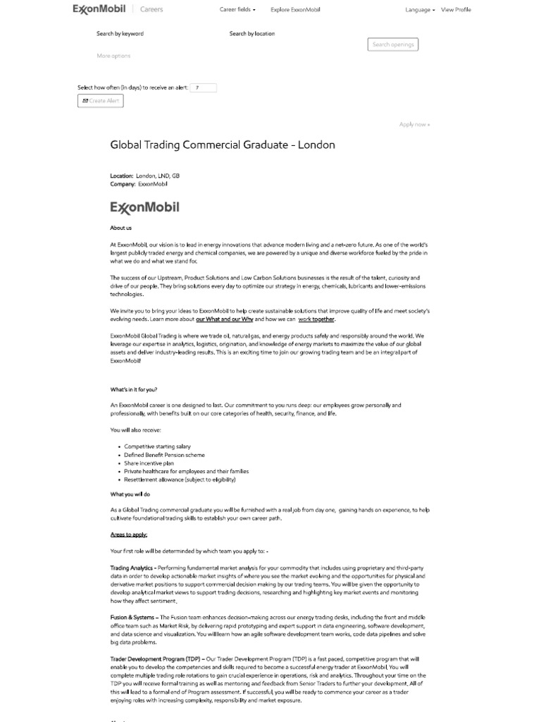 Global Trading Commercial Graduate - London Job Details - ExxonMobil | PDF