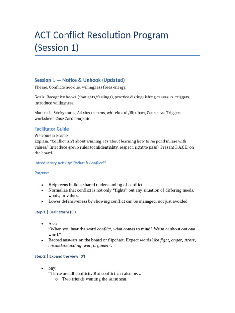 ACT Conflict Resolution Program Session1 | PDF | Conflict Resolution | Behavioural Sciences