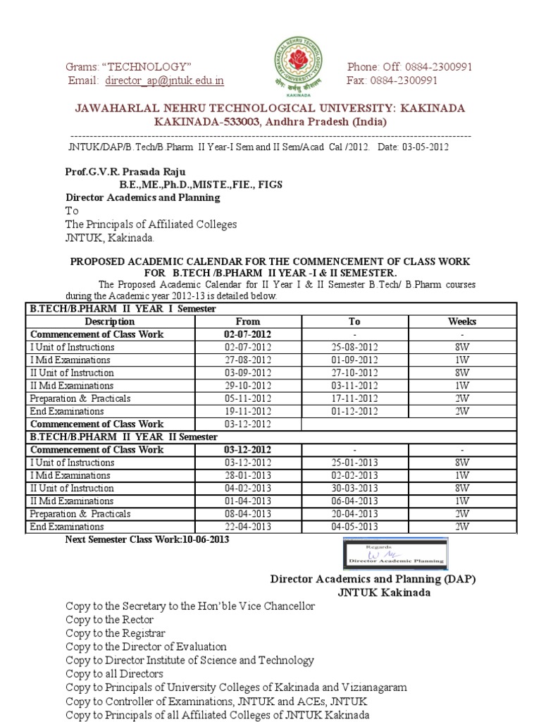 JNTUK-DAP-Proposed Academic Calendar - B.tech and B.pharm II, III and IV Year I and II Sem | PDF ...