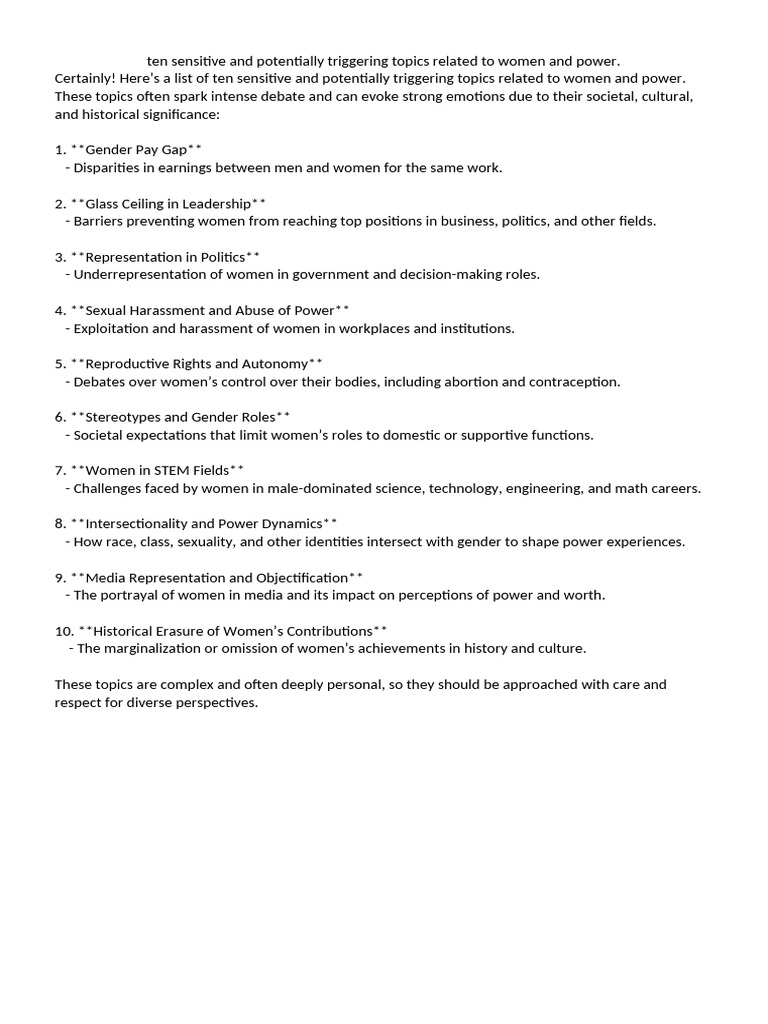 Ten Sensitive and Potentially Triggering Topics Related To Women and ...