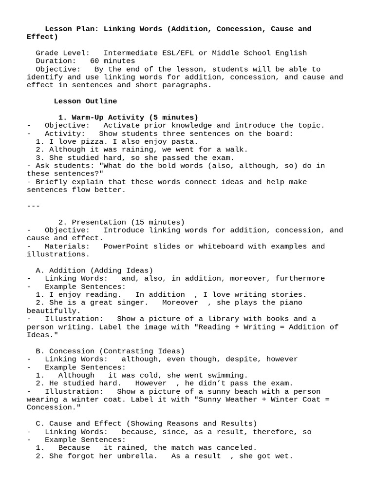 Lesson Plan Linking Words | PDF
