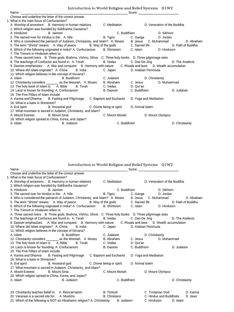 World Religions Quiz and Answers | PDF | Confucianism | Moses