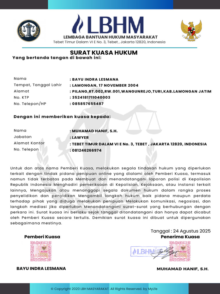 Surat Kuasa Hukum-Bayu Indra Lesmana-1 | PDF