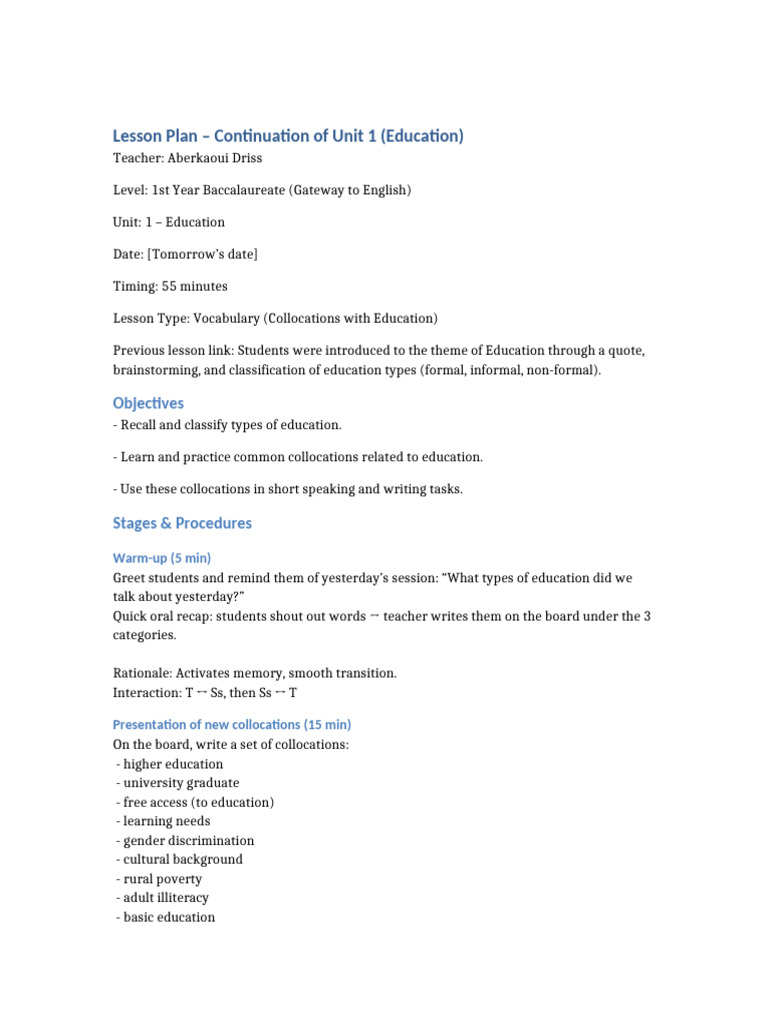 Lesson Plan Unit1 Education Continuation | PDF | Learning | Cognition