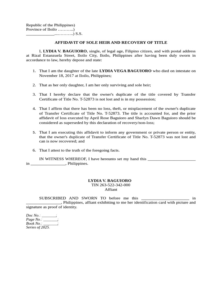 Affidavit of Sole Heir Recovery | PDF