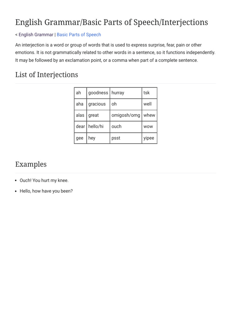 English Grammar - Basic Parts of Speech - Interjections - Wikibooks ...