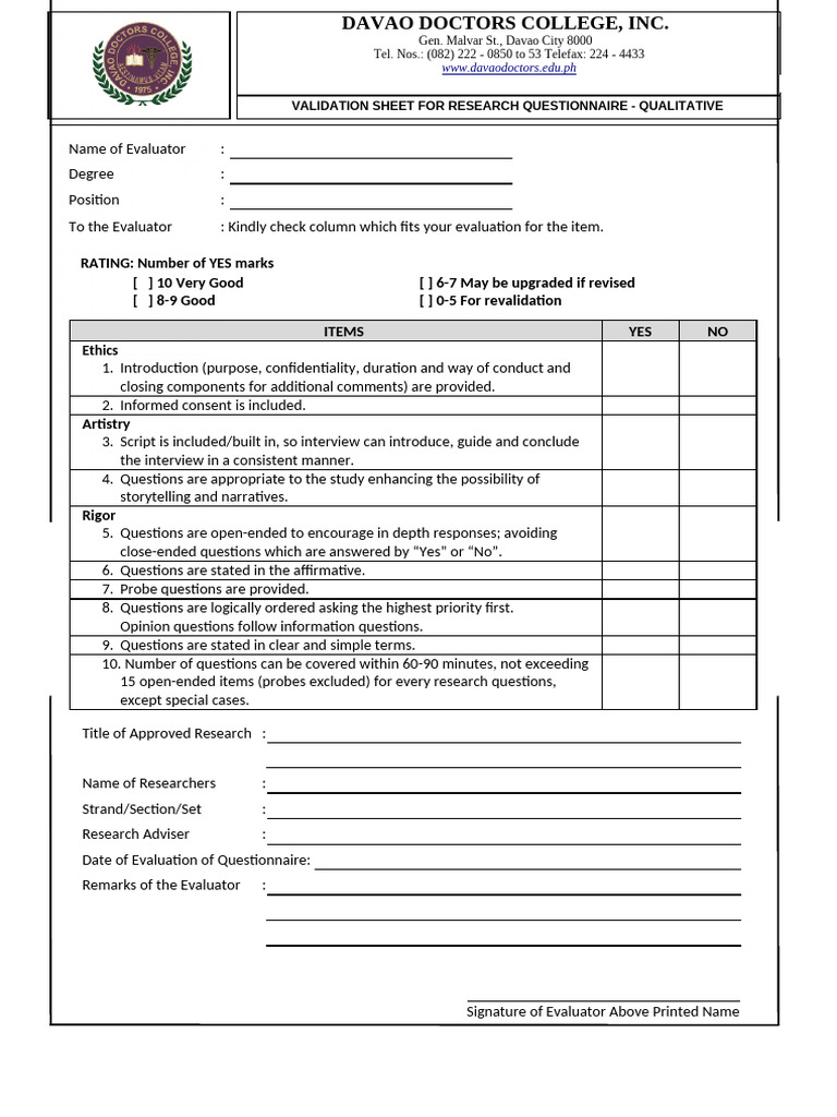 Research Questionnaire Validation Sheet | PDF