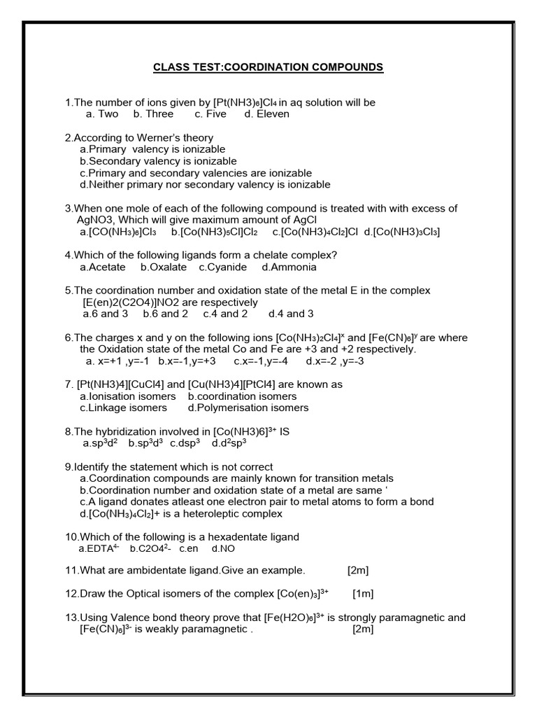 Coordination Compounds-Class Test | PDF