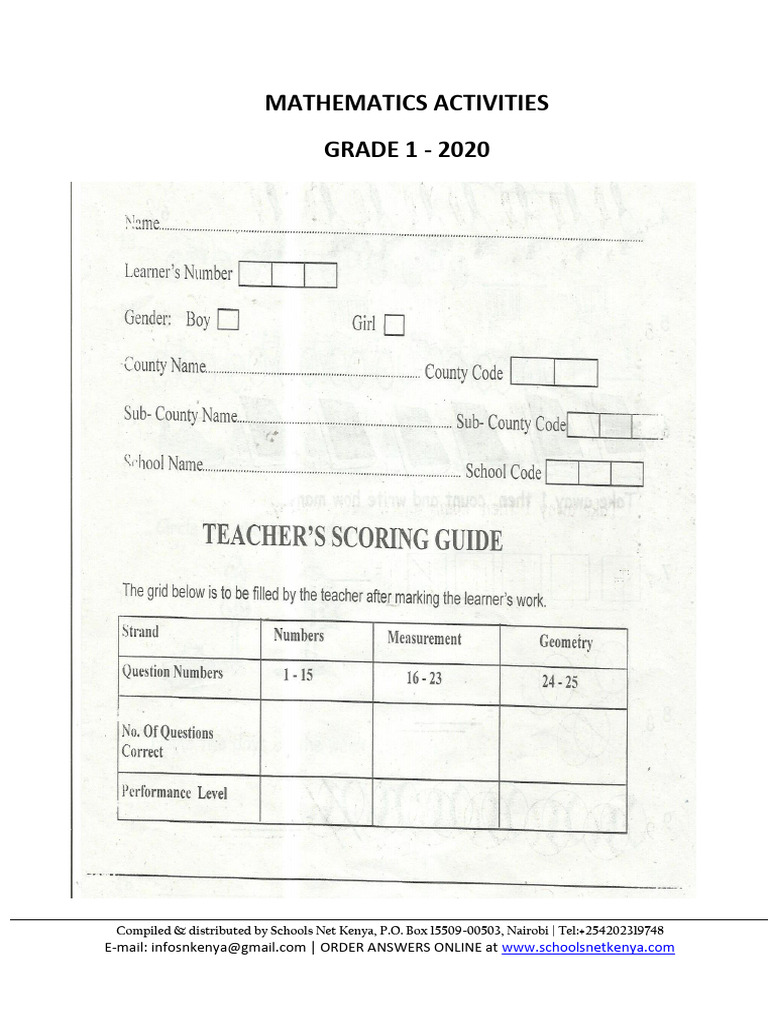 Mathematics Activities Grade 1 Mid Term 1 2020 | PDF