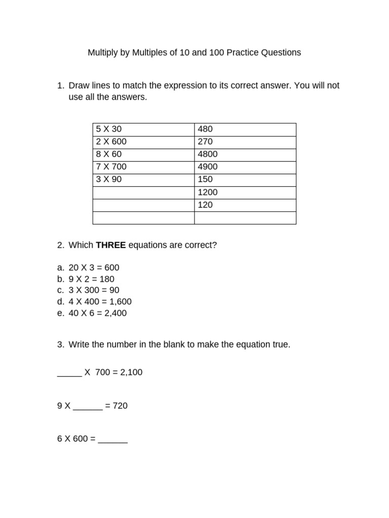 Multiply by 10 and 100 Practice Questions | PDF