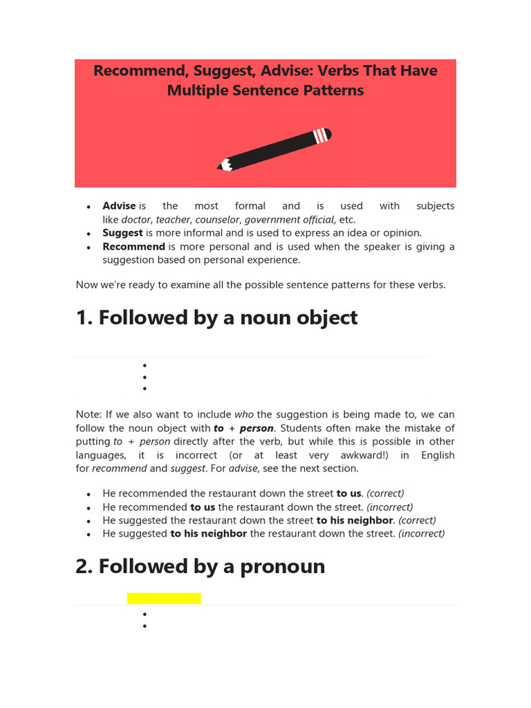 Sentence Patterns for Advise, Suggest, Recommend | PDF | Verb | Subject ...