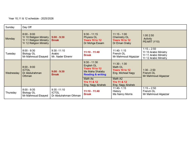 Y10-Y12 2025 - 2026 Schedule | PDF