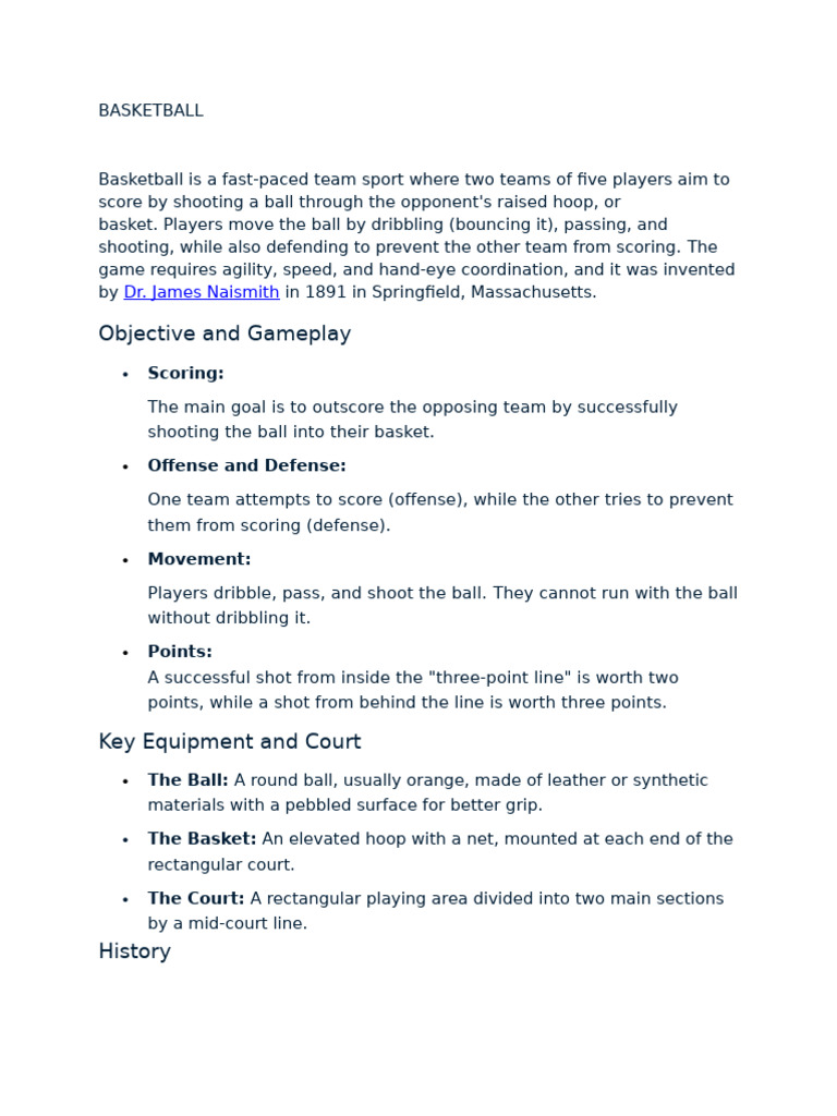 Overview of Basketball Rules and History | PDF