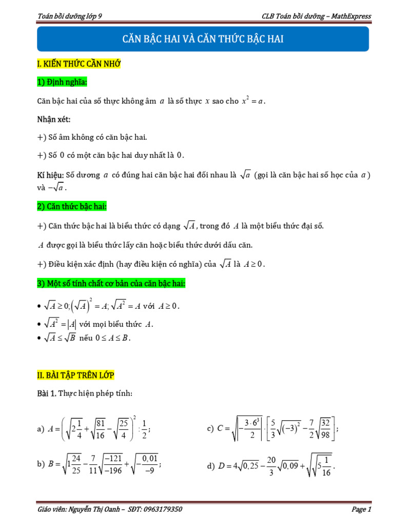 9.3a - 26.8.25 - Bài 11 - Căn Thức Bậc Hai | PDF
