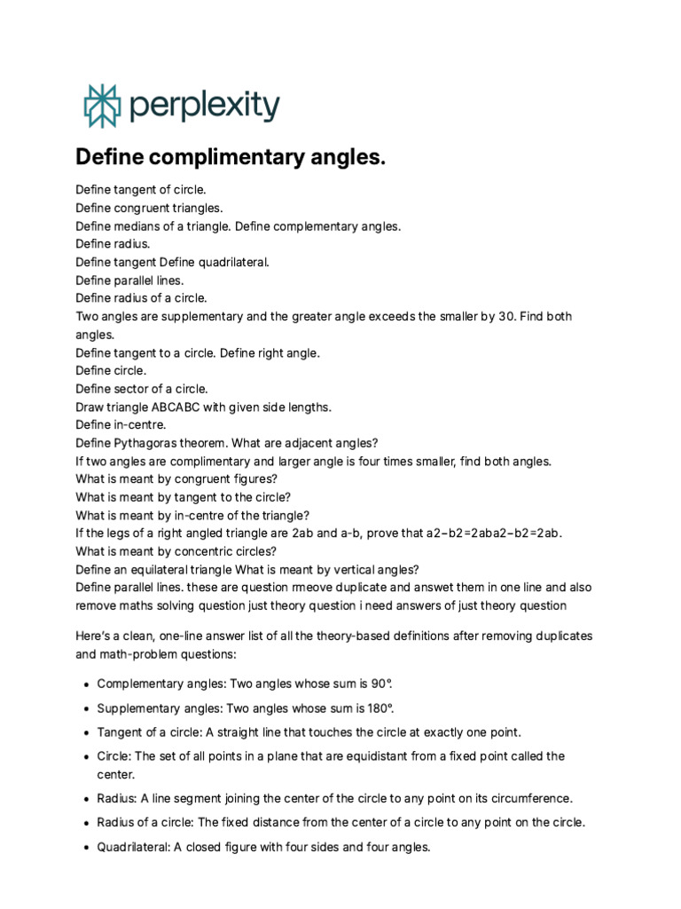 Define Complimentary Angles. - Define Tangent of Cir | PDF | Triangle ...