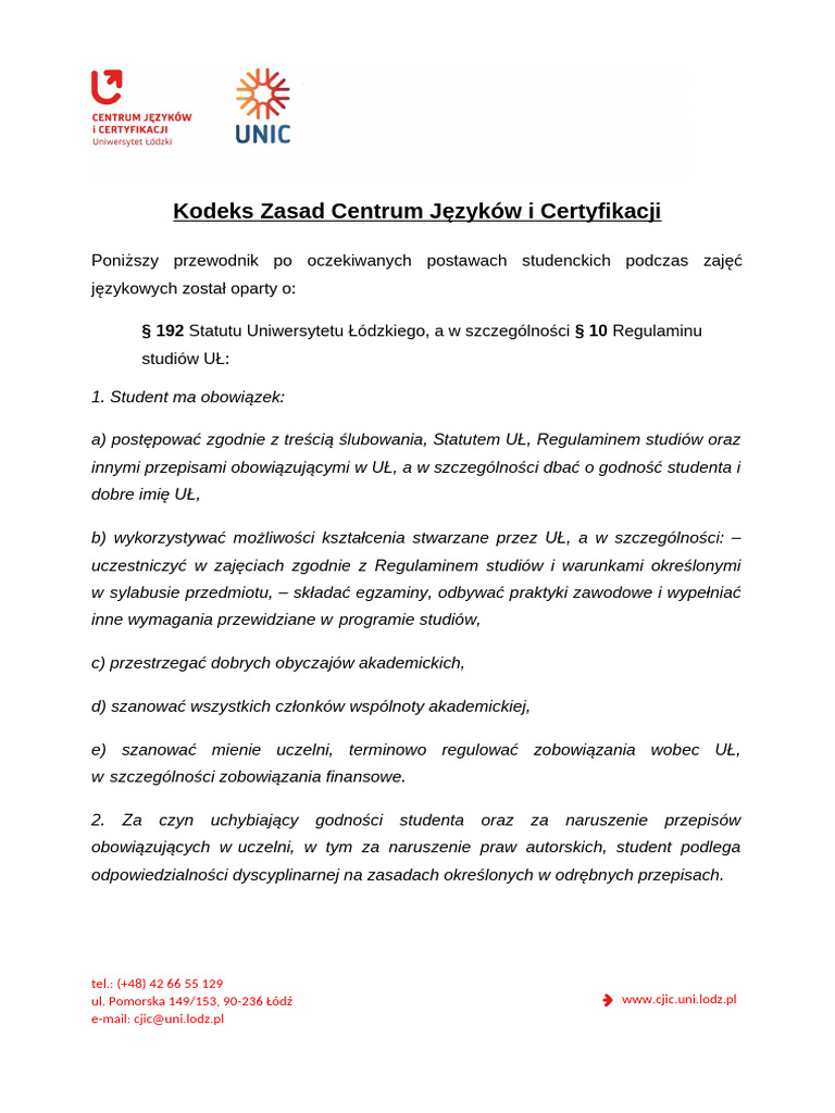 Kodeks Zasad CJIC UŁ | PDF