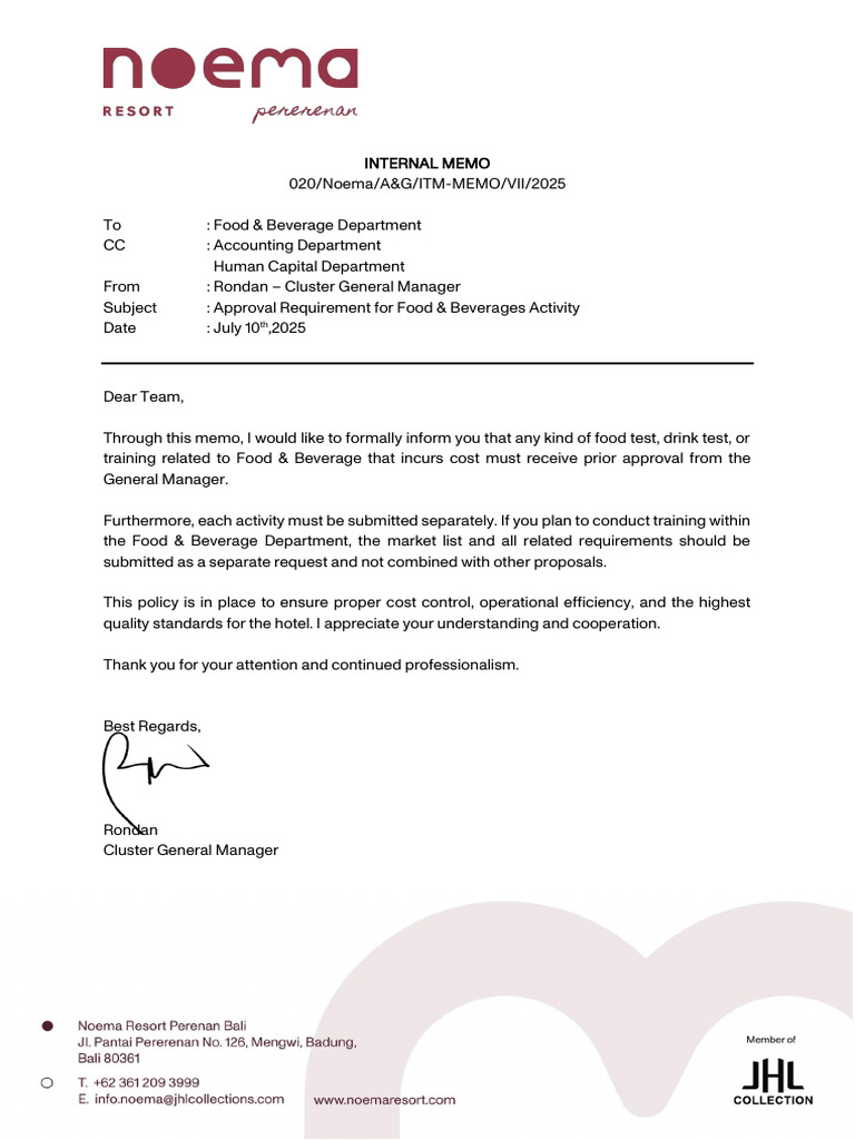 020-InT MEMO Approval Requirement For Food and Beverages Activities | PDF