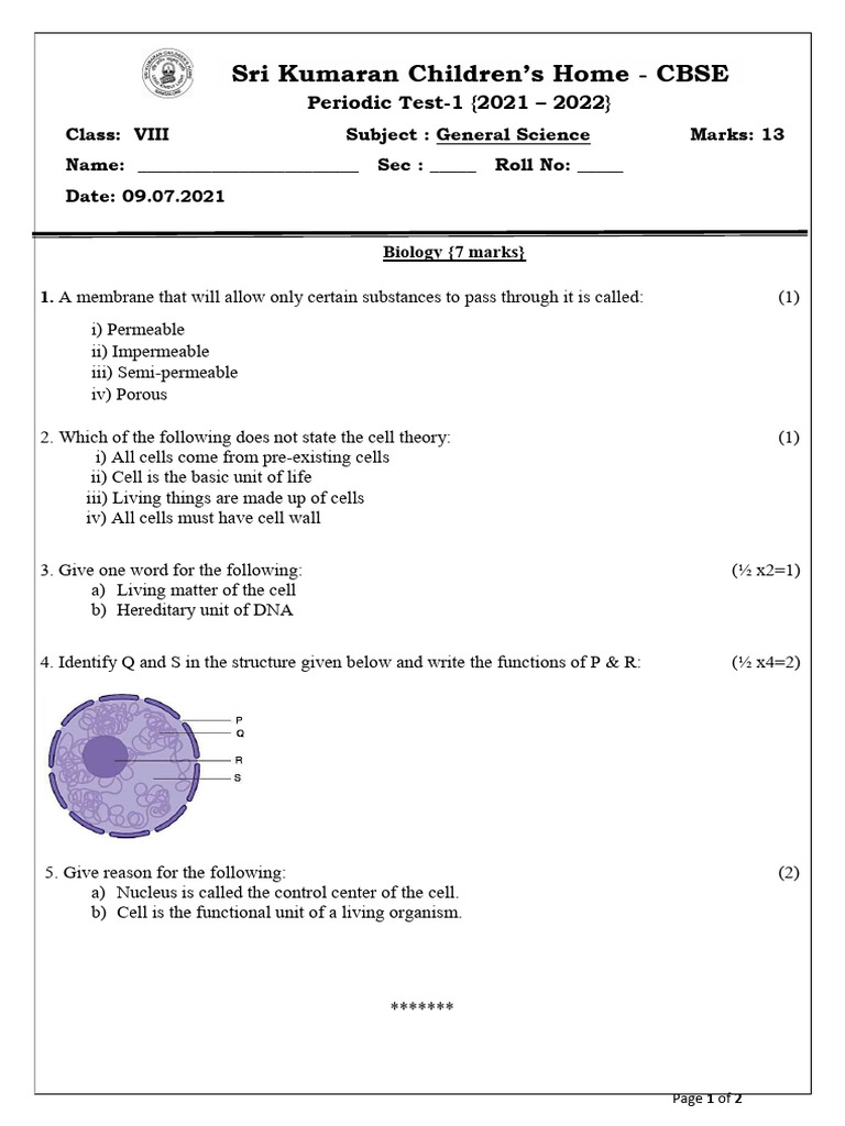 Class VIII General Science Test 2021 | PDF