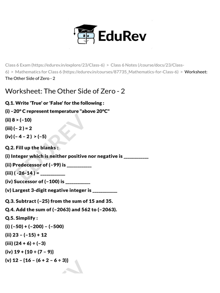 Class 6 Worksheet: Other Side of Zero | PDF
