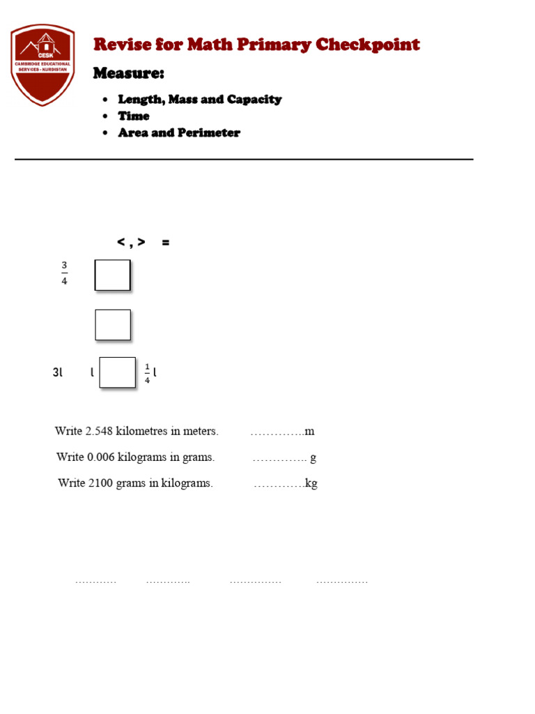 Primary Checkpoint Revise Math Package 4 | PDF | Litre | Kilogram
