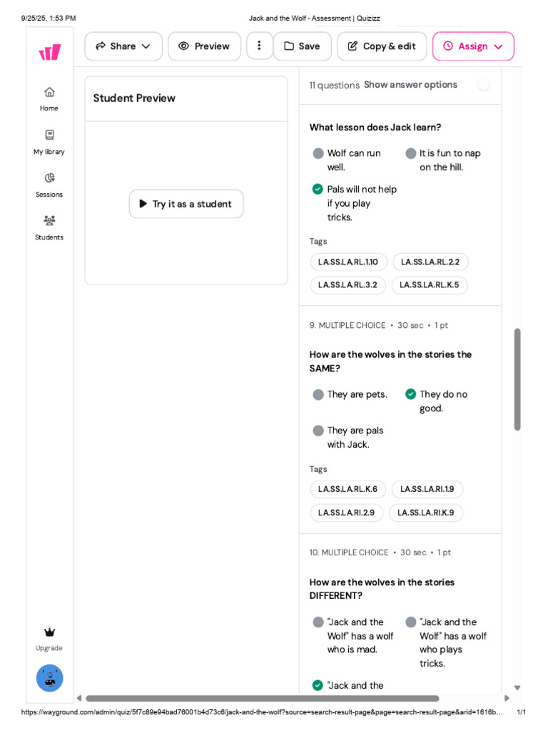 Jack and The Wolf - Assessment - Quizizz 9 | PDF | Wolves | Canis Lupus