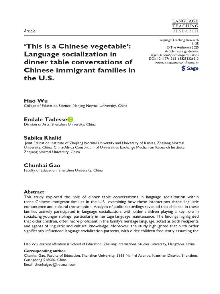 This Is A Chinese Vegetable': Language Socialization in Dinner Table ...