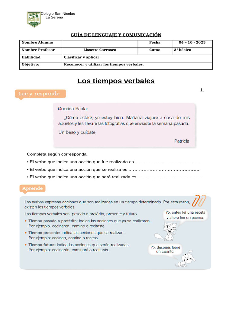 GUÍA Lenguaje Tiempos Verbales 3 BASICO | PDF
