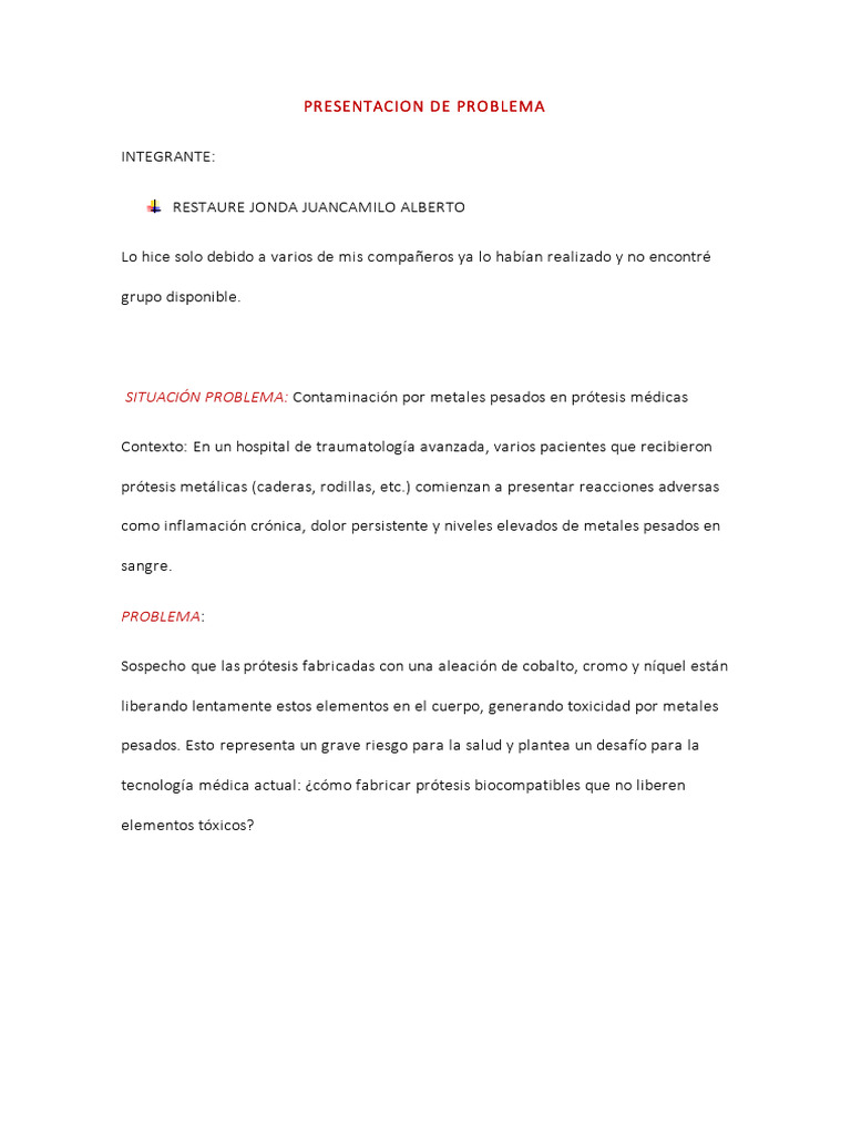 Presentacion de Problema - Restaure Jonda - Quimica en Salud.. | PDF