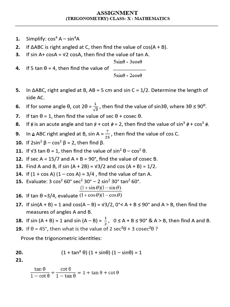 Trigonometry Assignment Class X | PDF | Trigonometric Functions | Euclid