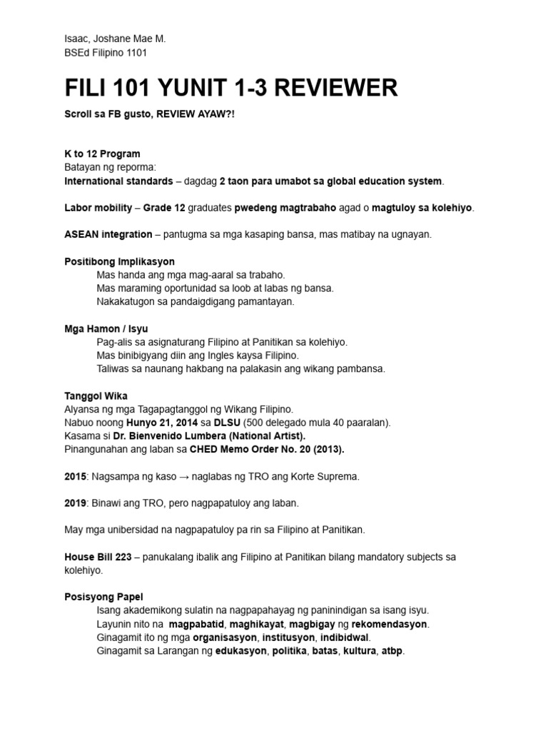 Fili 101 Yunit 1 3 Reviewer | PDF
