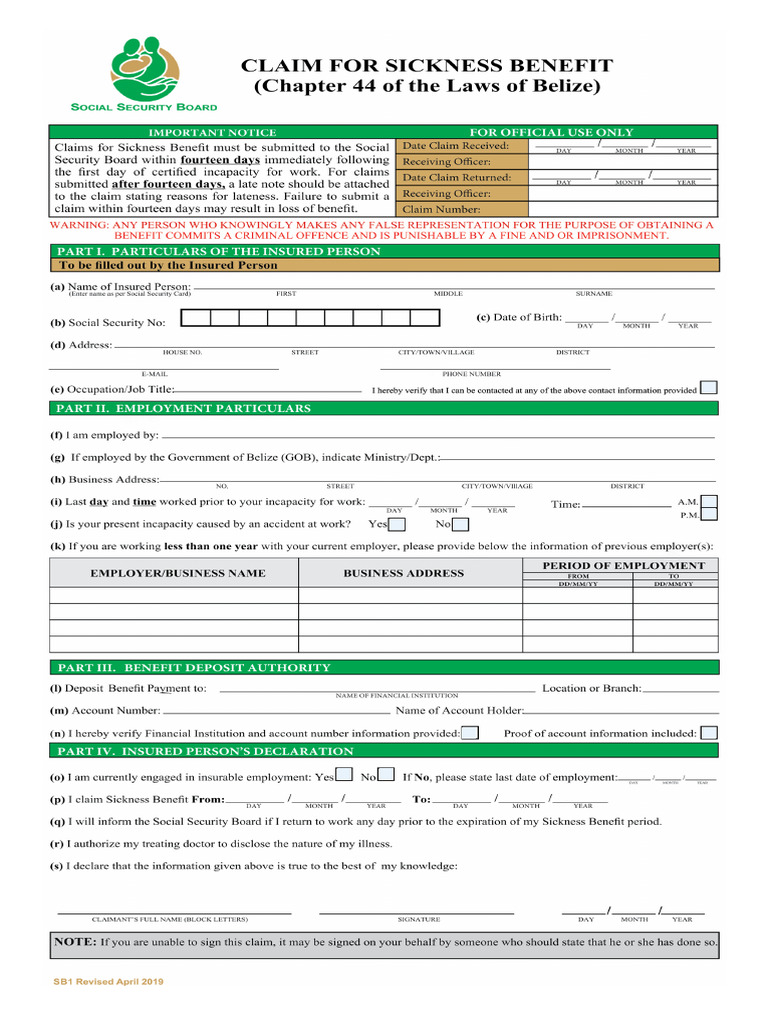SB1 - Sikness Benefit Application Form | PDF