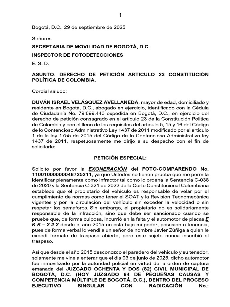 Control de Legalidad Fotocomparendo 11001000000046725211 | PDF | Debido ...
