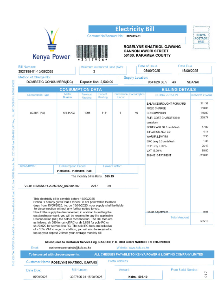Utility Bills Kenya Kenya Power Electricity Bill222 | PDF
